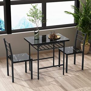 Voohek Modern 3-Piece Dining Room, 1 2, Lower Shelf & High Backrest, Printed Marble Finish, Black Table and Chair Set