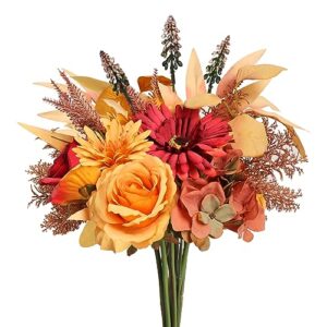 artificial fall flowers bouquet for decoration, faux fall silk flowers decor floral arrangements fake flower wedding bride bouquets fall decorations for home tables centerpieces indoor autumn decor