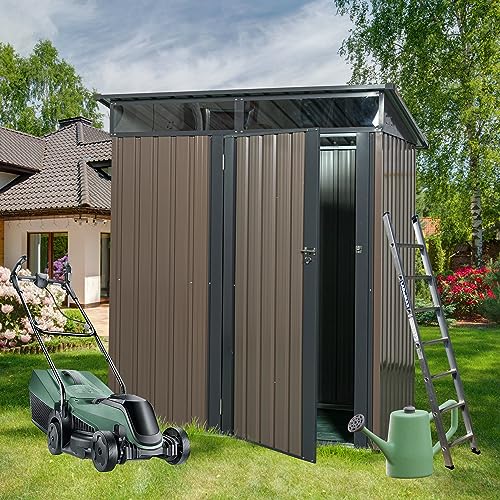 5x3ft Outdoor Storage Shed, Metal Garden Shed for Garbage Can, Tool, Outside Sheds & Outdoor Storage Galvanized Steel with Lockable Door for Backyard, Patio, Lawn(Brown)