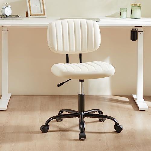 OLIXIS Armless Home Office Desk Low Back Computer Task Wheels and Lumbar Support, Height Adjustable Cute Vanity Chair No Arms for Bedroom,Study Small Space, White