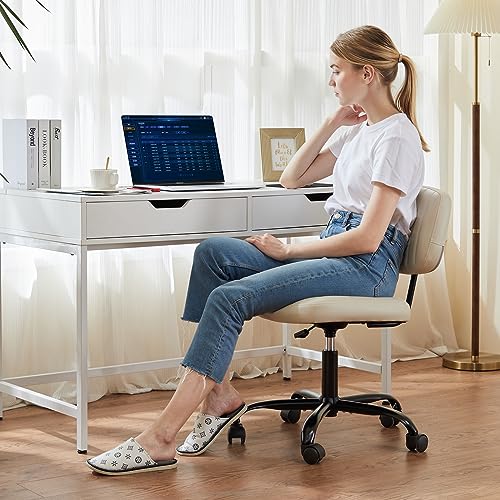 OLIXIS Armless Home Office Desk Low Back Computer Task Wheels and Lumbar Support, Height Adjustable Cute Vanity Chair No Arms for Bedroom,Study Small Space, White