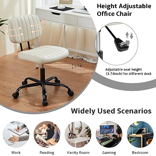 OLIXIS Armless Home Office Desk Low Back Computer Task Wheels and Lumbar Support, Height Adjustable Cute Vanity Chair No Arms for Bedroom,Study Small Space, White