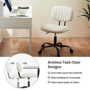 OLIXIS Armless Home Office Desk Low Back Computer Task Wheels and Lumbar Support, Height Adjustable Cute Vanity Chair No Arms for Bedroom,Study Small Space, White