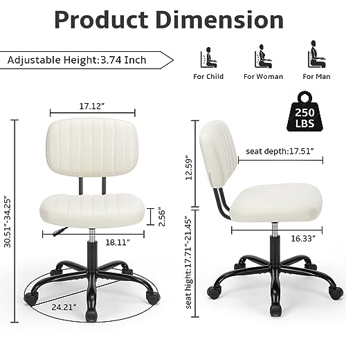 OLIXIS Armless Home Office Desk Low Back Computer Task Wheels and Lumbar Support, Height Adjustable Cute Vanity Chair No Arms for Bedroom,Study Small Space, White