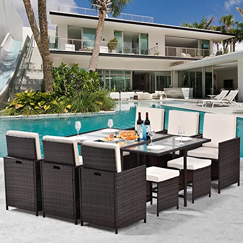 BIADNBZ 11 Pieces Patio Dining Sets for 10,Outdoor Sectional Conversation Furniture with 6 Rattan Chairs,1 Glass Table and 4 Cushioned Ottomans for Courtyard,Lawn,Garden, Balcony, Beige+Brown