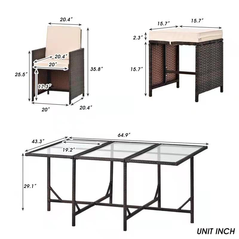 BIADNBZ 11 Pieces Patio Dining Sets for 10,Outdoor Sectional Conversation Furniture with 6 Rattan Chairs,1 Glass Table and 4 Cushioned Ottomans for Courtyard,Lawn,Garden, Balcony, Beige+Brown