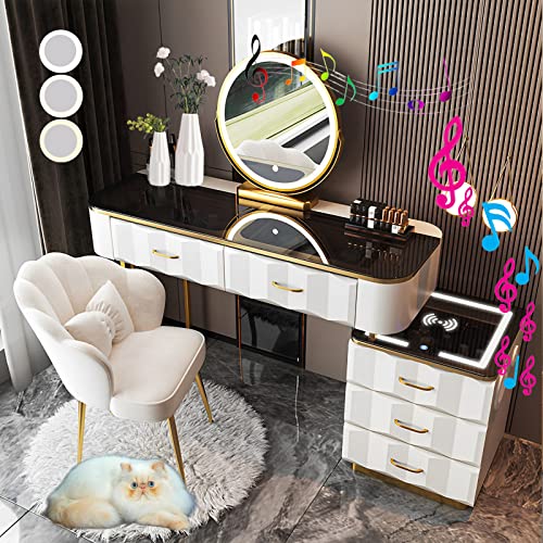 YIMAKEY Vanity Set Bluetooth Lights: White 49 inches Vanity Desk with Led Lights Mirror Drawers Speakers Charger Station Stool - Smart Makeup Table for Bedroom for Her