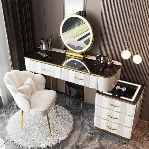 yimakey vanity set bluetooth lights: white 49 inches vanity desk with led lights mirror drawers speakers charger station stool - smart makeup table for bedroom for her