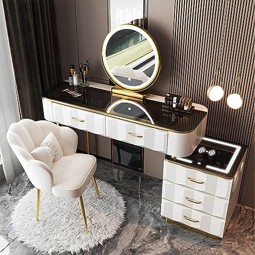 YIMAKEY Vanity Set Bluetooth Lights: White 49 inches Vanity Desk with Led Lights Mirror Drawers Speakers Charger Station Stool - Smart Makeup Table for Bedroom for Her