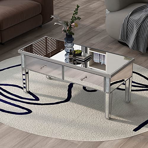 OPTOUGH Modern Glass Mirrored Coffee Table with 2 Drawers, Cocktail Platform with Crystal Handles and Adjustable Height Legs for Living Room, Silver