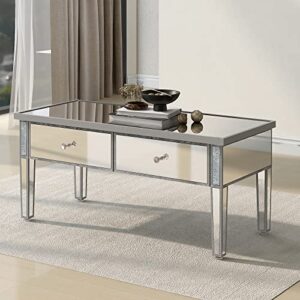 optough modern glass mirrored coffee table with 2 drawers, cocktail platform with crystal handles and adjustable height legs for living room, silver