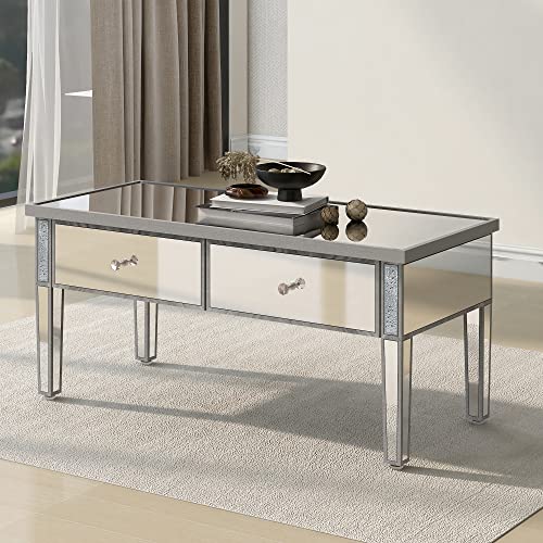 OPTOUGH Modern Glass Mirrored Coffee Table with 2 Drawers, Cocktail Platform with Crystal Handles and Adjustable Height Legs for Living Room, Silver