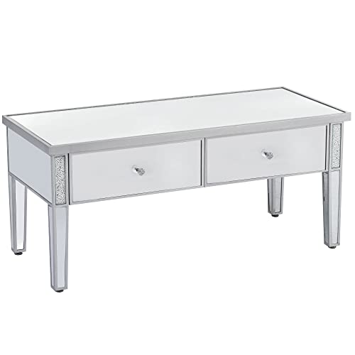 OPTOUGH Modern Glass Mirrored Coffee Table with 2 Drawers, Cocktail Platform with Crystal Handles and Adjustable Height Legs for Living Room, Silver