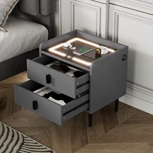 itenghua nightstand with wireless charging station,usb charging and adjustable led lights, modern end table with 2 drawers for bedroom,gray