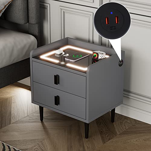 ITENGHUA Nightstand with Wireless Charging Station,USB Charging and Adjustable LED Lights, Modern End Table with 2 Drawers for Bedroom,Gray