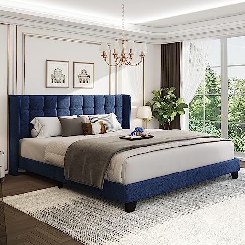 WEEWAY Queen Size Wingback Upholstered Platform Bed Frame, Box-Tufted Headboard, Wooden Slats, No Box Spring Needed, Easy Assembly, Dark Blue