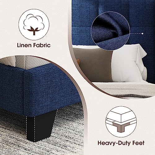 WEEWAY Queen Size Wingback Upholstered Platform Bed Frame, Box-Tufted Headboard, Wooden Slats, No Box Spring Needed, Easy Assembly, Dark Blue