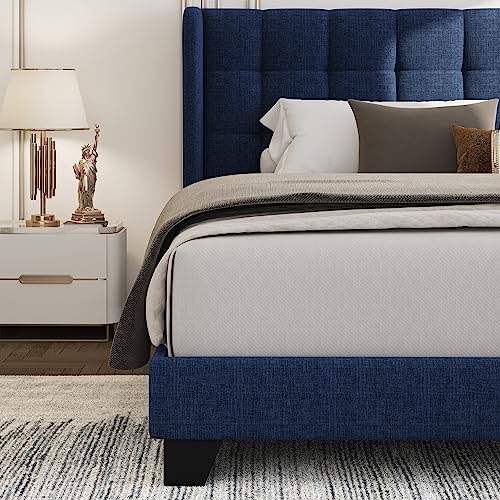 WEEWAY Queen Size Wingback Upholstered Platform Bed Frame, Box-Tufted Headboard, Wooden Slats, No Box Spring Needed, Easy Assembly, Dark Blue