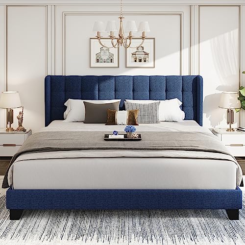 WEEWAY Queen Size Wingback Upholstered Platform Bed Frame, Box-Tufted Headboard, Wooden Slats, No Box Spring Needed, Easy Assembly, Dark Blue