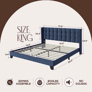 WEEWAY Queen Size Wingback Upholstered Platform Bed Frame, Box-Tufted Headboard, Wooden Slats, No Box Spring Needed, Easy Assembly, Dark Blue