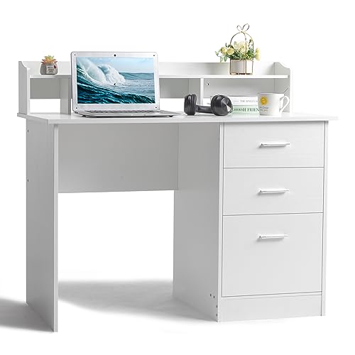 Karl home White Computer Desk with Drawers ＆ Hutch, Modern Home Office Desks with Storage for Kids Students Teens, Small Wood Table for Work Study Gaming Writing, PC Laptop Workstation