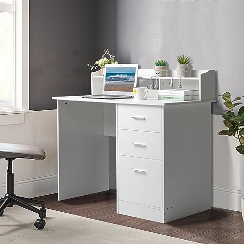 Karl home White Computer Desk with Drawers ＆ Hutch, Modern Home Office Desks with Storage for Kids Students Teens, Small Wood Table for Work Study Gaming Writing, PC Laptop Workstation