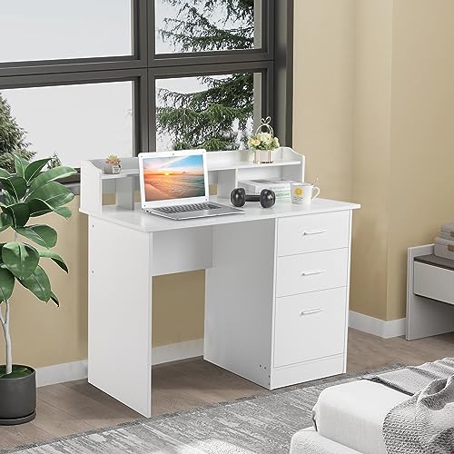 Karl home White Computer Desk with Drawers ＆ Hutch, Modern Home Office Desks with Storage for Kids Students Teens, Small Wood Table for Work Study Gaming Writing, PC Laptop Workstation