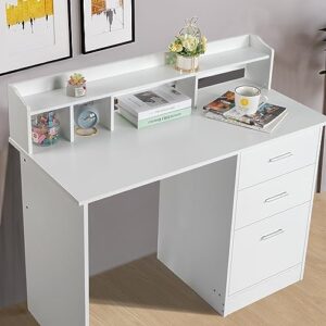 Karl home White Computer Desk with Drawers ＆ Hutch, Modern Home Office Desks with Storage for Kids Students Teens, Small Wood Table for Work Study Gaming Writing, PC Laptop Workstation