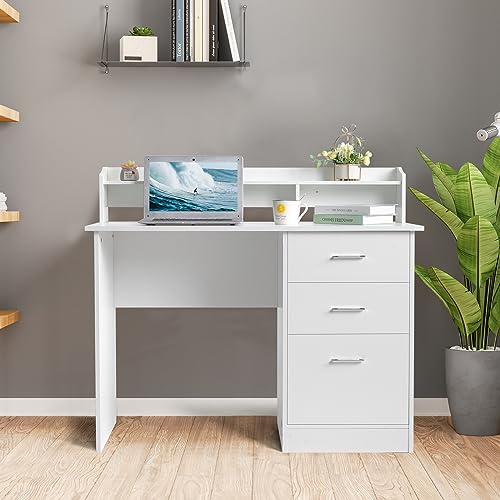 Karl home White Computer Desk with Drawers ＆ Hutch, Modern Home Office Desks with Storage for Kids Students Teens, Small Wood Table for Work Study Gaming Writing, PC Laptop Workstation