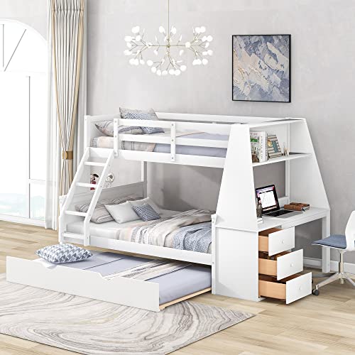 KoiHome Twin Over Full Bunk Bed with Trundle and Built-in Desk & Three Storage Drawers & Shelf, Wooden Platform Bed Frame with Slats Support for Kids,Teens Bedroom, No Box Spring Needed, White