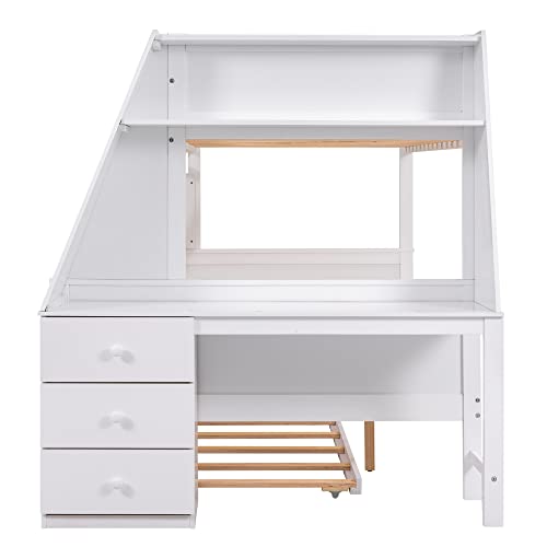 KoiHome Twin Over Full Bunk Bed with Trundle and Built-in Desk & Three Storage Drawers & Shelf, Wooden Platform Bed Frame with Slats Support for Kids,Teens Bedroom, No Box Spring Needed, White