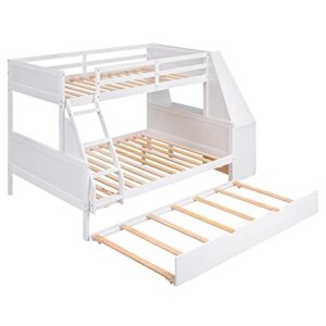 KoiHome Twin Over Full Bunk Bed with Trundle and Built-in Desk & Three Storage Drawers & Shelf, Wooden Platform Bed Frame with Slats Support for Kids,Teens Bedroom, No Box Spring Needed, White