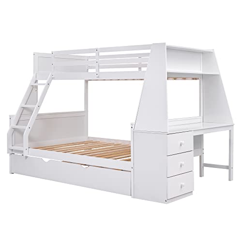 KoiHome Twin Over Full Bunk Bed with Trundle and Built-in Desk & Three Storage Drawers & Shelf, Wooden Platform Bed Frame with Slats Support for Kids,Teens Bedroom, No Box Spring Needed, White