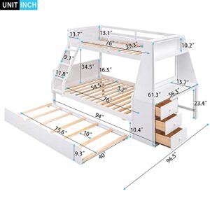 KoiHome Twin Over Full Bunk Bed with Trundle and Built-in Desk & Three Storage Drawers & Shelf, Wooden Platform Bed Frame with Slats Support for Kids,Teens Bedroom, No Box Spring Needed, White