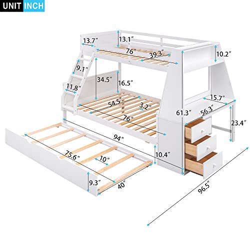 KoiHome Twin Over Full Bunk Bed with Trundle and Built-in Desk & Three Storage Drawers & Shelf, Wooden Platform Bed Frame with Slats Support for Kids,Teens Bedroom, No Box Spring Needed, White