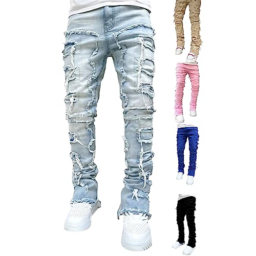 Giraropa Men Ripped Jeans Slim Fit Denim Pants Distressed Stacked Trousers Casual Stretch Long Pants Y2K Hip Hop Straight Jeans (Black, M)