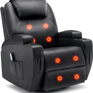 Korser Recliner Chair, Rocking Chair with Massage and Heat, 360° Swivel Recliner Chairs for Adults, Rocker Manual Recliner with Remote Control and Cup Holder for Living Room, Bedroom, Nursery