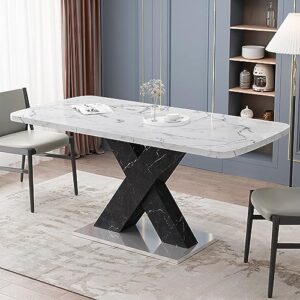 fiveshow modern square dining table, stretchable, white marble table top+mdf x-shape table leg with metal base (white+black)