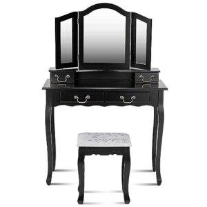 kjns vanity set makeup dressing table tri folding mirror stool 4 drawers black vanity desk makeup vanity side tables bedroom vanity table portable desk vanity set