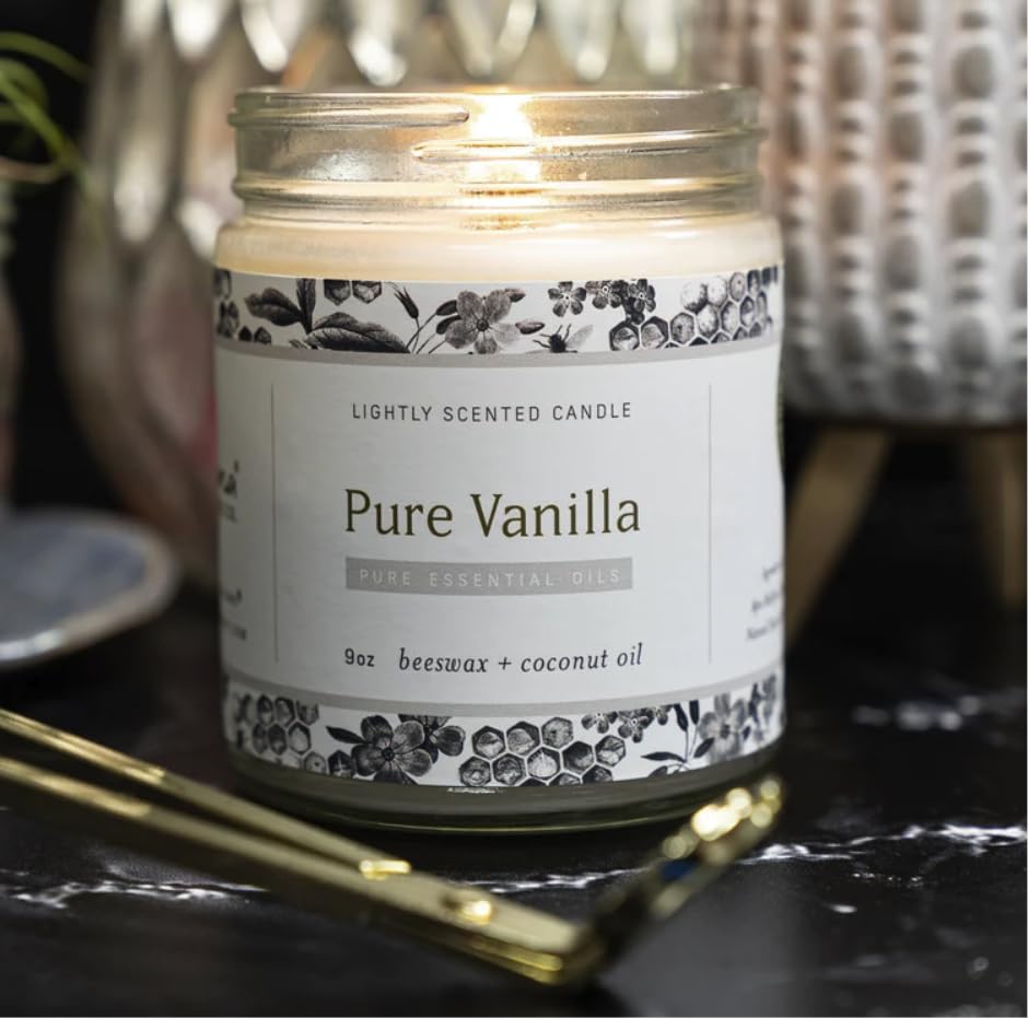 Fontana Candle Co - Pure Vanilla Candle 9 oz | Lightly Scented Candle | Made from Beeswax and Coconut Oil | Essential Oil | Wood Wick | Long Lasting | Clean Burn and Non Toxic