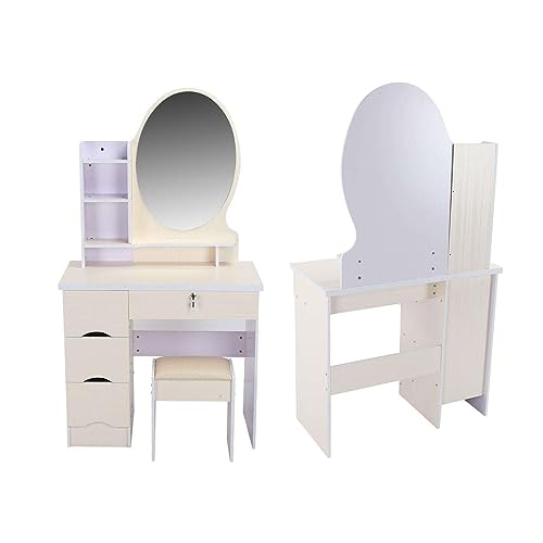 KJNS Makeup Vanity Set Dressing Table w/ 4 Drawers + Stool + Mirror Vanity Desk Makeup Vanity Side Tables Bedroom Vanity Table Portable Desk Vanity Set