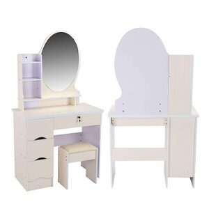 KJNS Makeup Vanity Set Dressing Table w/ 4 Drawers + Stool + Mirror Vanity Desk Makeup Vanity Side Tables Bedroom Vanity Table Portable Desk Vanity Set