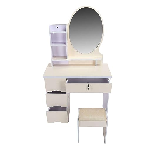 KJNS Makeup Vanity Set Dressing Table w/ 4 Drawers + Stool + Mirror Vanity Desk Makeup Vanity Side Tables Bedroom Vanity Table Portable Desk Vanity Set