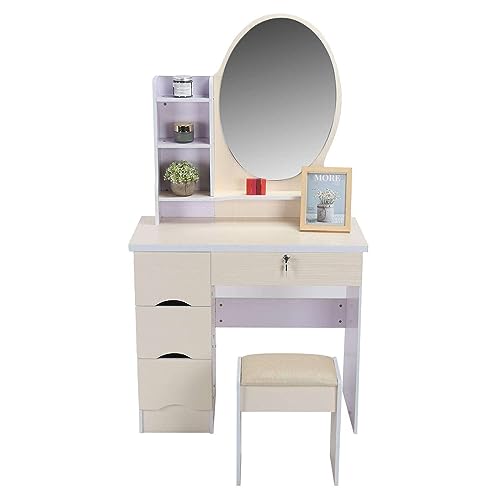 KJNS Makeup Vanity Set Dressing Table w/ 4 Drawers + Stool + Mirror Vanity Desk Makeup Vanity Side Tables Bedroom Vanity Table Portable Desk Vanity Set