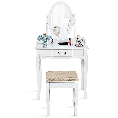 KJNS Vanity Table Makeup Desk Bench Dresser w/Stool Drawer White Vanity Desk Makeup Vanity Side Tables Bedroom Vanity Table Portable Desk Vanity Set