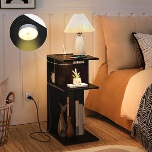 MAHANCRIS End Table with Charging Station and Black Beside Table, Narrow Side Table for Small Spaces, White Slim Nightstand with Light, Beside Table,for Bedroom, Living Room ETWT18E01Z-ETHB78E01