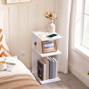 MAHANCRIS End Table with Charging Station and Black Beside Table, Narrow Side Table for Small Spaces, White Slim Nightstand with Light, Beside Table,for Bedroom, Living Room ETWT18E01Z-ETHB78E01