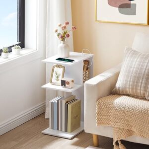 MAHANCRIS End Table with Charging Station and Black Beside Table, Narrow Side Table for Small Spaces, White Slim Nightstand with Light, Beside Table,for Bedroom, Living Room ETWT18E01Z-ETHB78E01