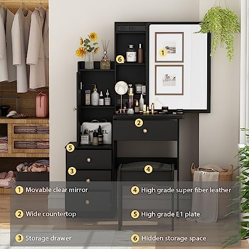 FAMAPY Makeup Desk with Drawers & Crystal Handles, Vanity Table Set with Sliding Mirror, Vanity Desk Dressing Table with Drawers and Shelves, Cushion Stool, Black