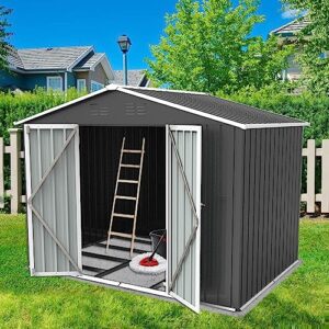 zevemomo 8 x 6 ft outdoor storage shed, all weather tool shed with metal foundation & 2 lockable doors, metal shed outdoor storage for garden, patio, backyard, lawn, grey